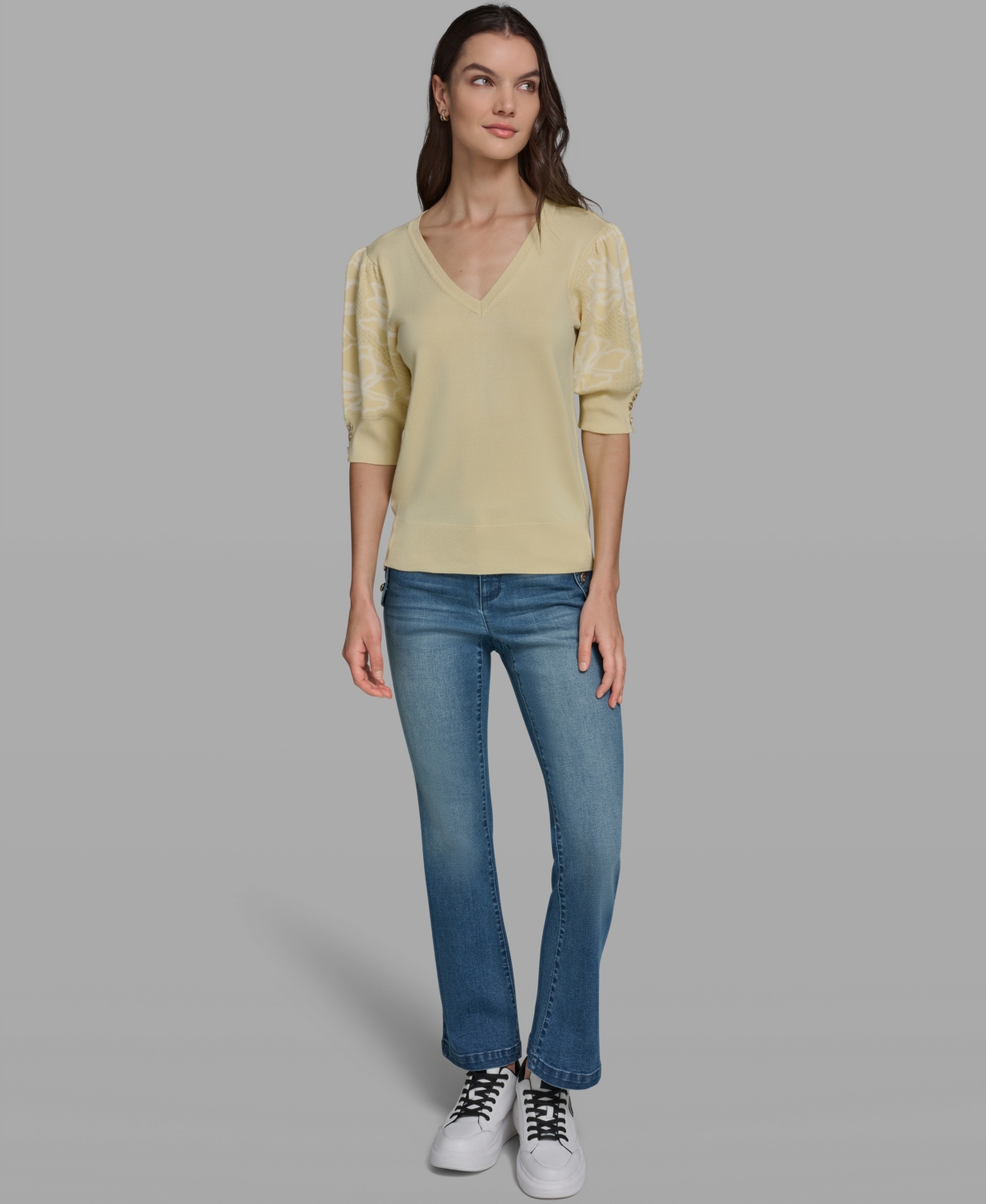 Click here for Karl Lagerfeld Paris Petite Floral Print V-Neck Sw... prices