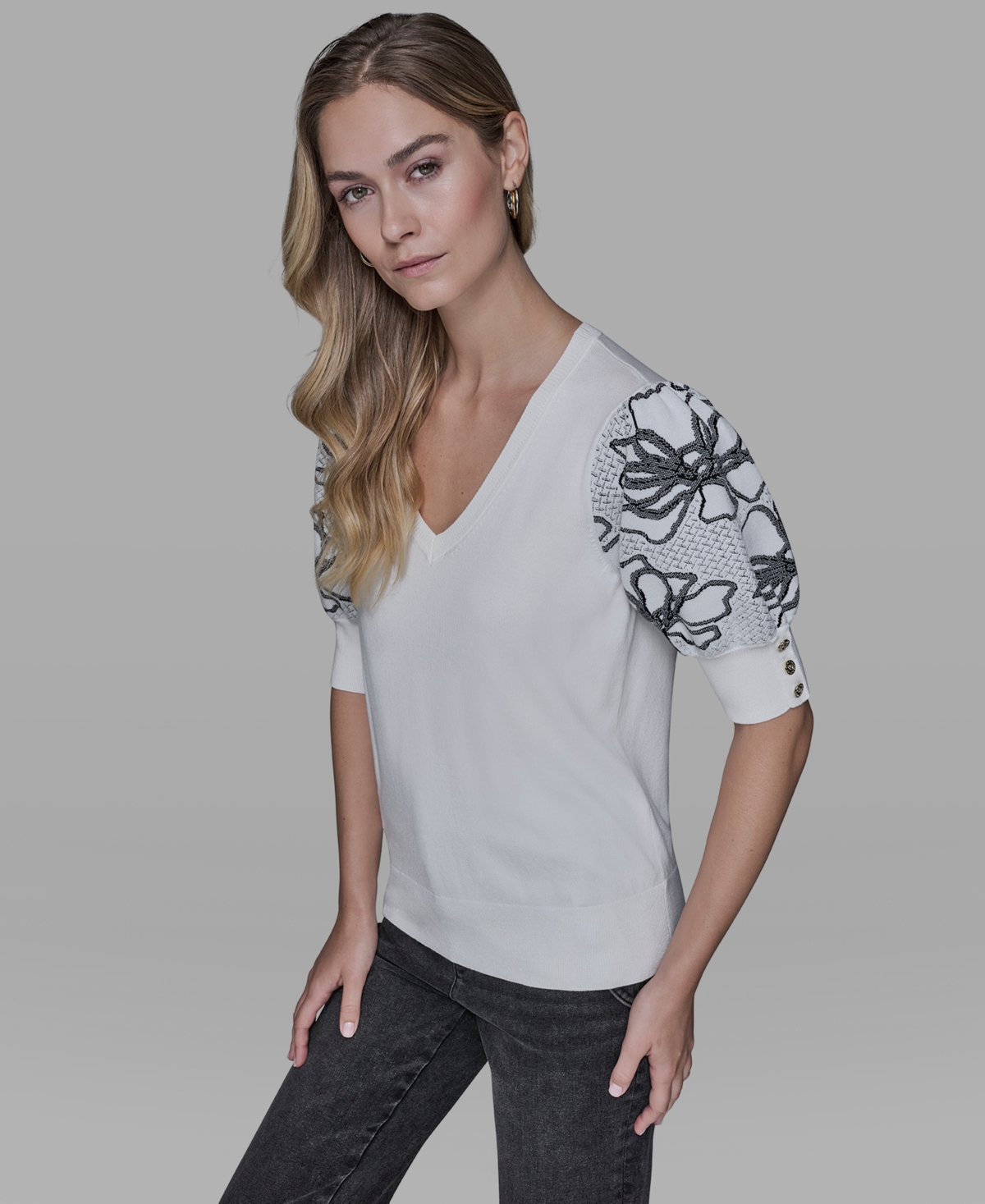Click here for Karl Lagerfeld Paris Petite Floral Print V-Neck Sw... prices