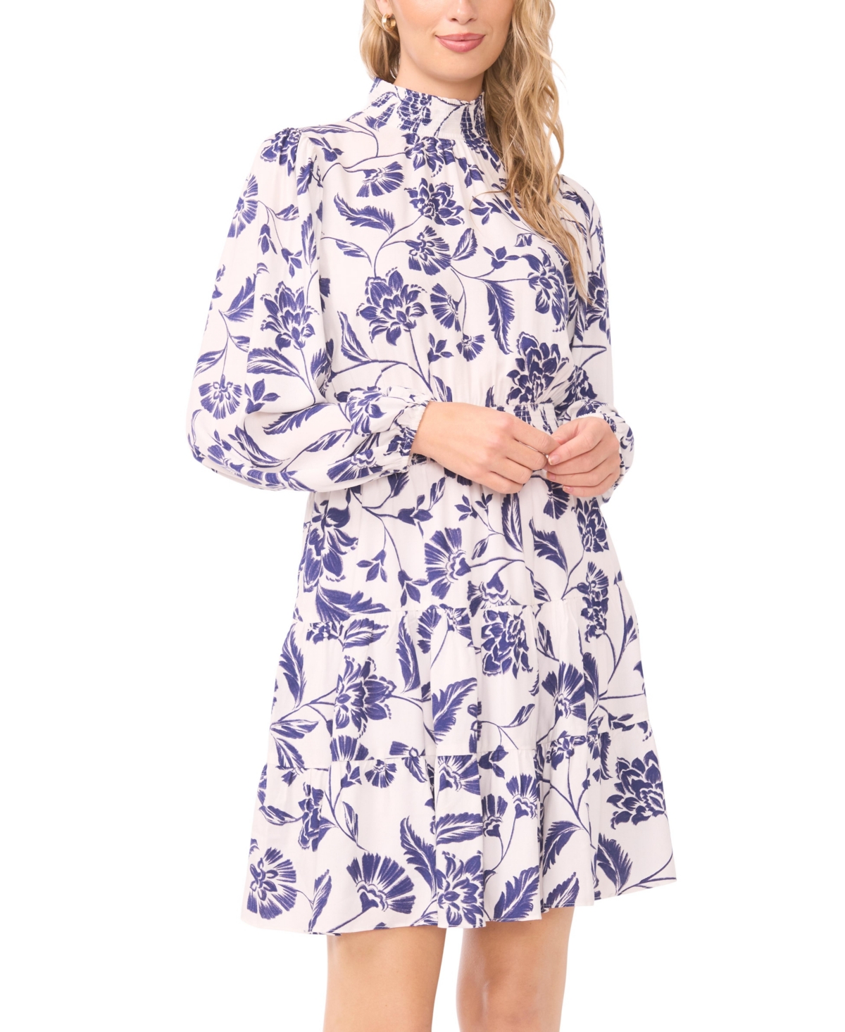 Click here for 1.state Womens Smocked Mock Neck Long-Sleeve Mini... prices