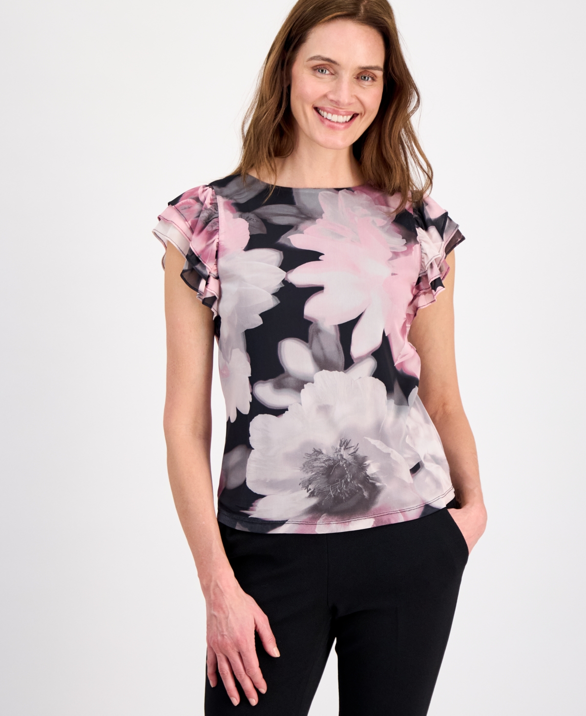 Click here for Anne Klein Womens Floral Ruffled-Sleeve Top - Soft... prices