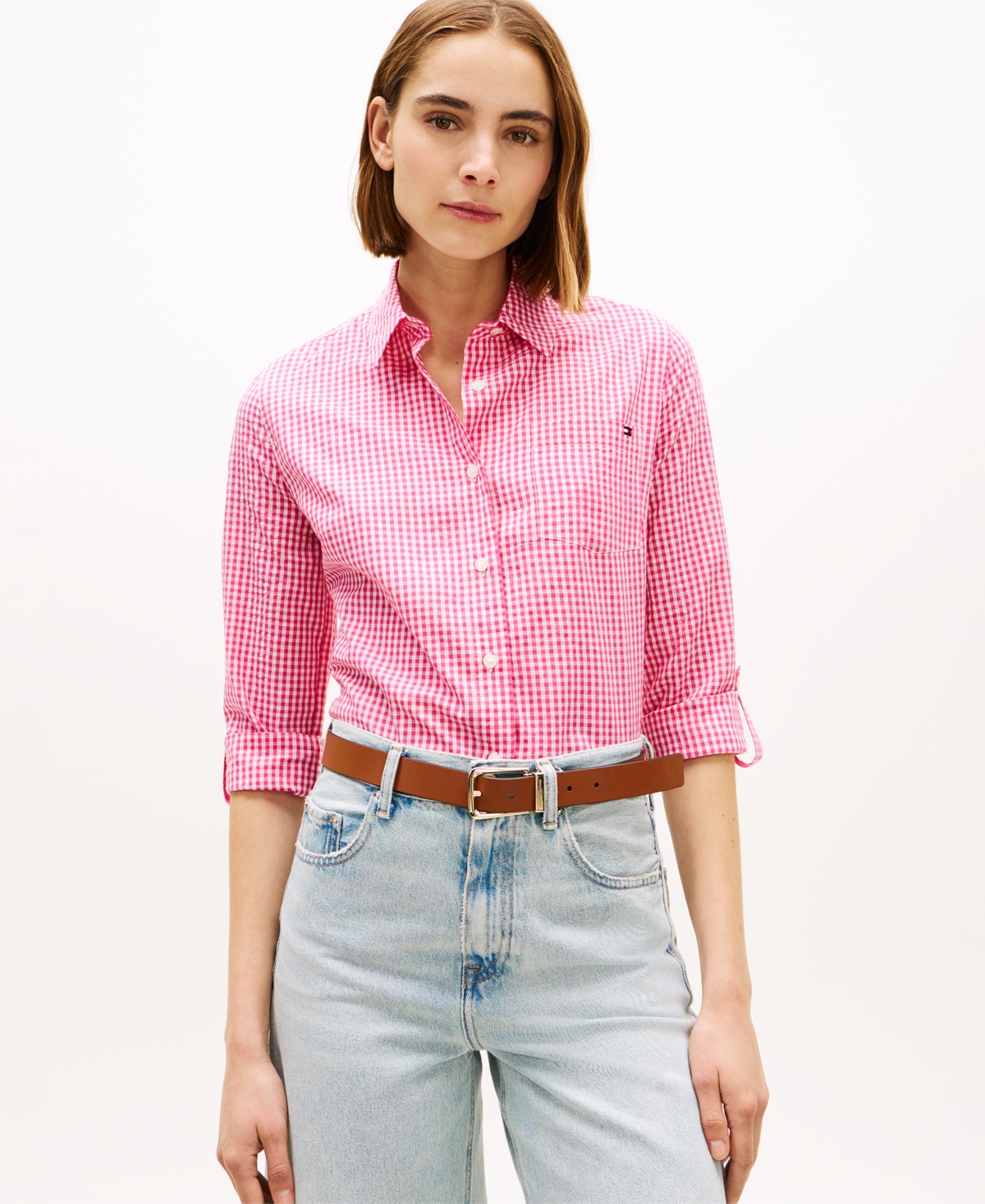 Click here for Tommy Hilfiger Womens Gingham Print Roll-Tab Shirt... prices