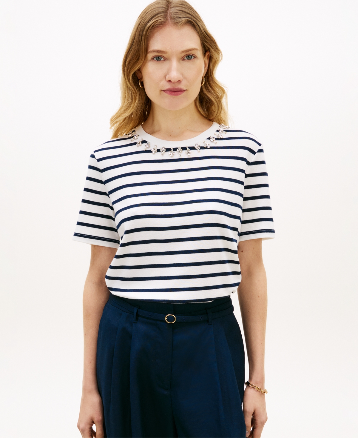 Click here for Tommy Hilfiger Womens Ribbed Bling T-Shirt - Ecru... prices