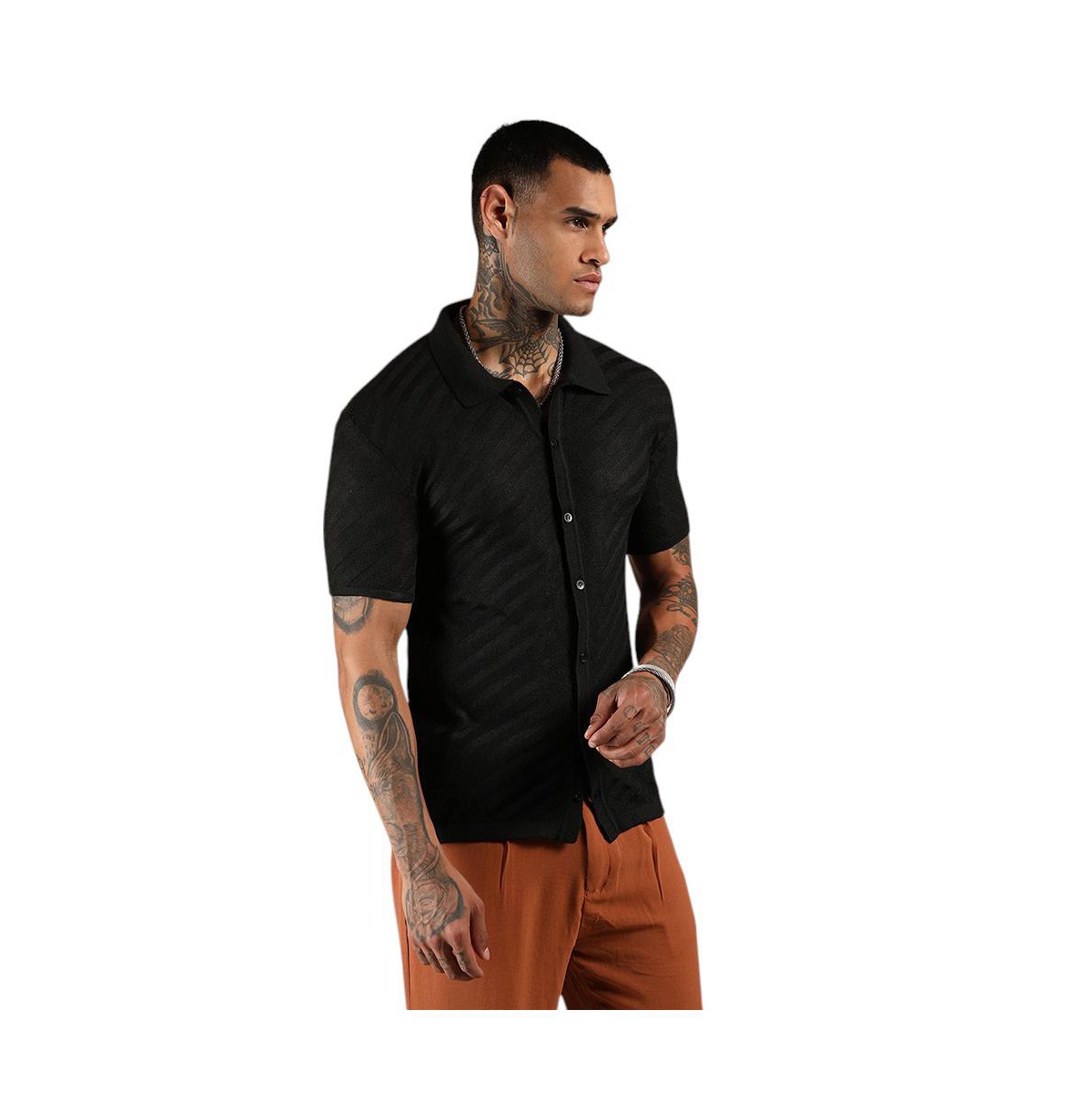Click here for Campus Sutra Mens Tilted-Knit Shirt - Black prices