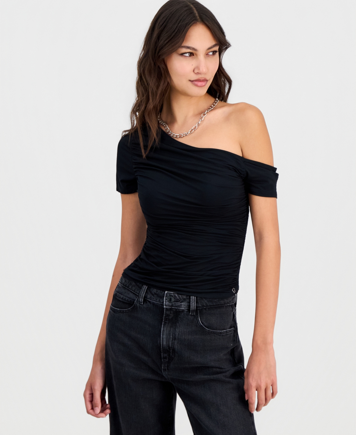 Click here for Guess Womens Jaide Asymmetric Short-Sleeve Shirrin... prices