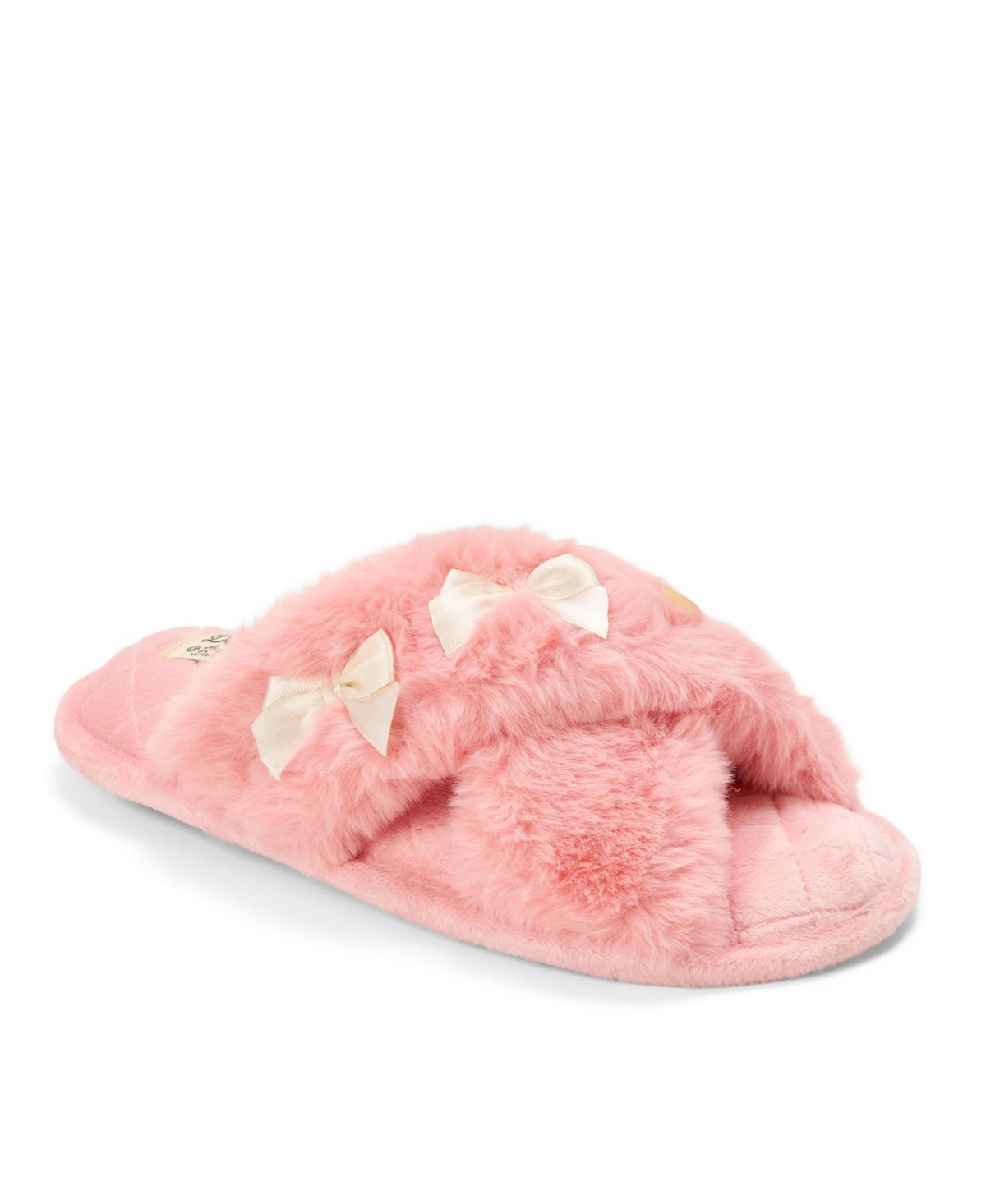 Click here for Dearfoams Womens Jessica Bows Furry Crossband Slid... prices