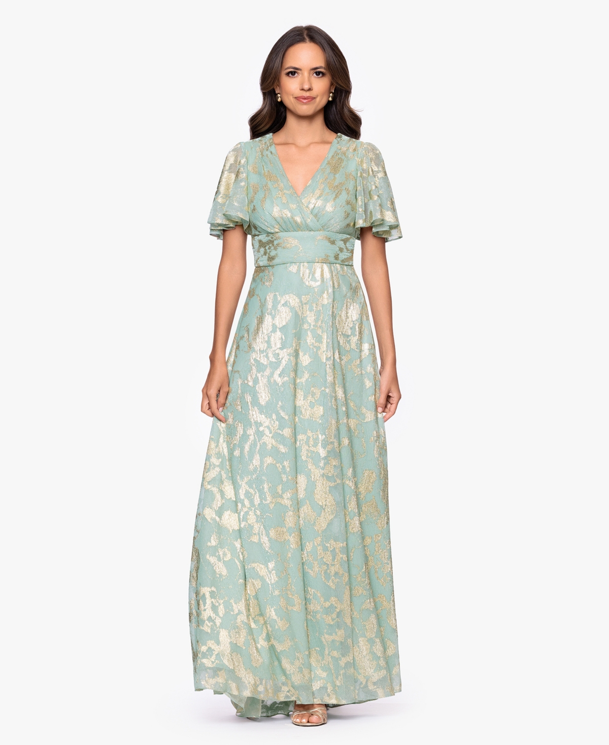 Click here for Betsy & Adam Womens Foil Print V-Neck Gown - Sage/... prices