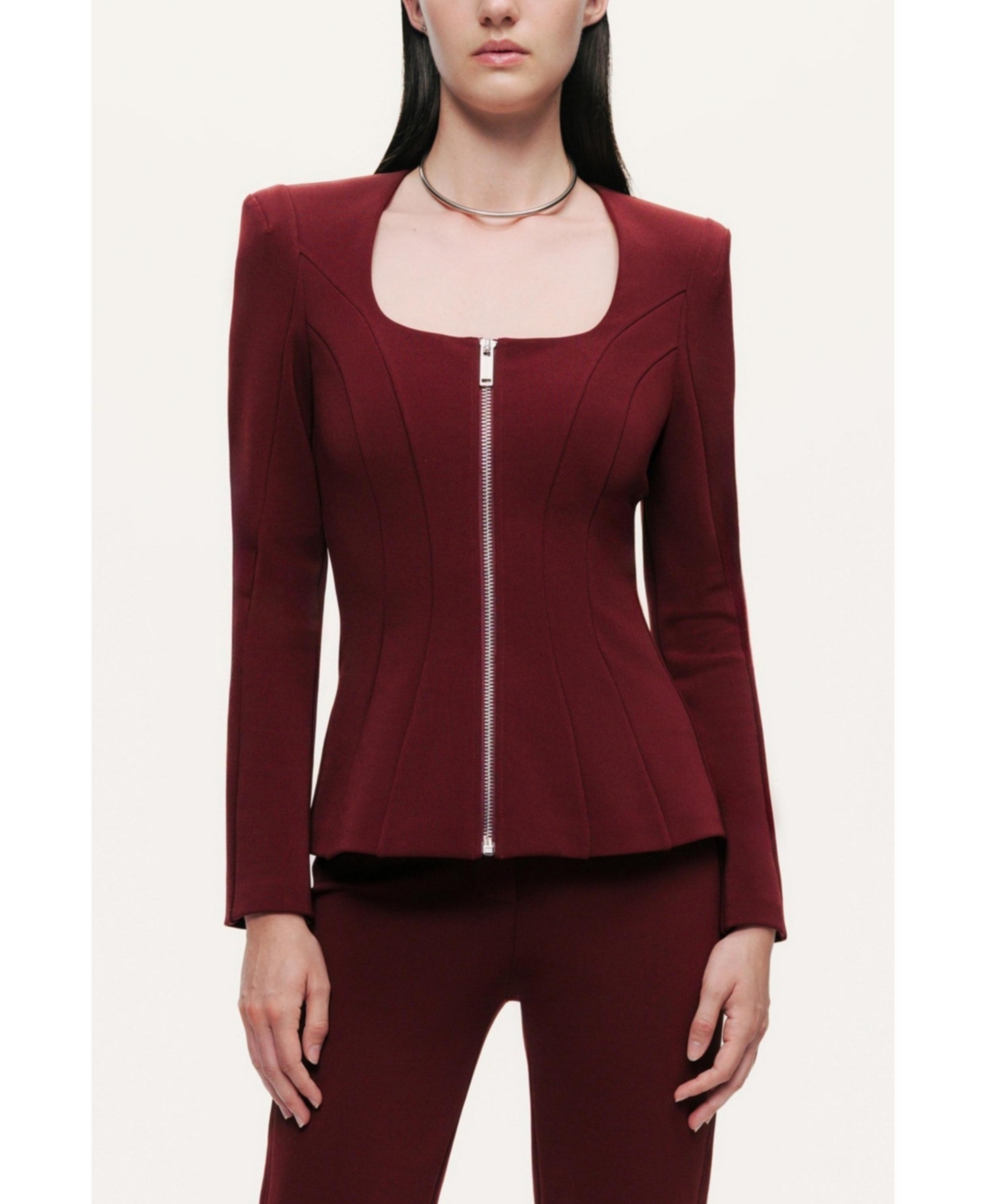 Click here for Nocturne Womens Zip-Front Structured Top - Burgund... prices