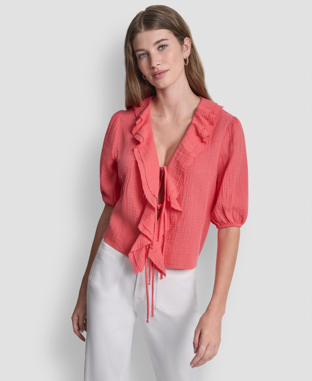 Click here for Dkny Jeans Womens V-Neck Short Puff Sleeve Tie-Fro... prices