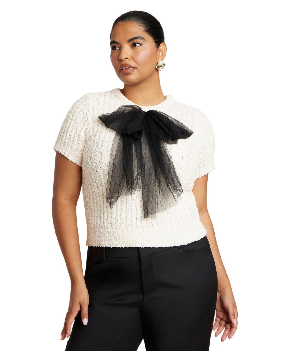 Click here for Eloquii Womens Sweater With Sheer Bow - White/ Bla... prices