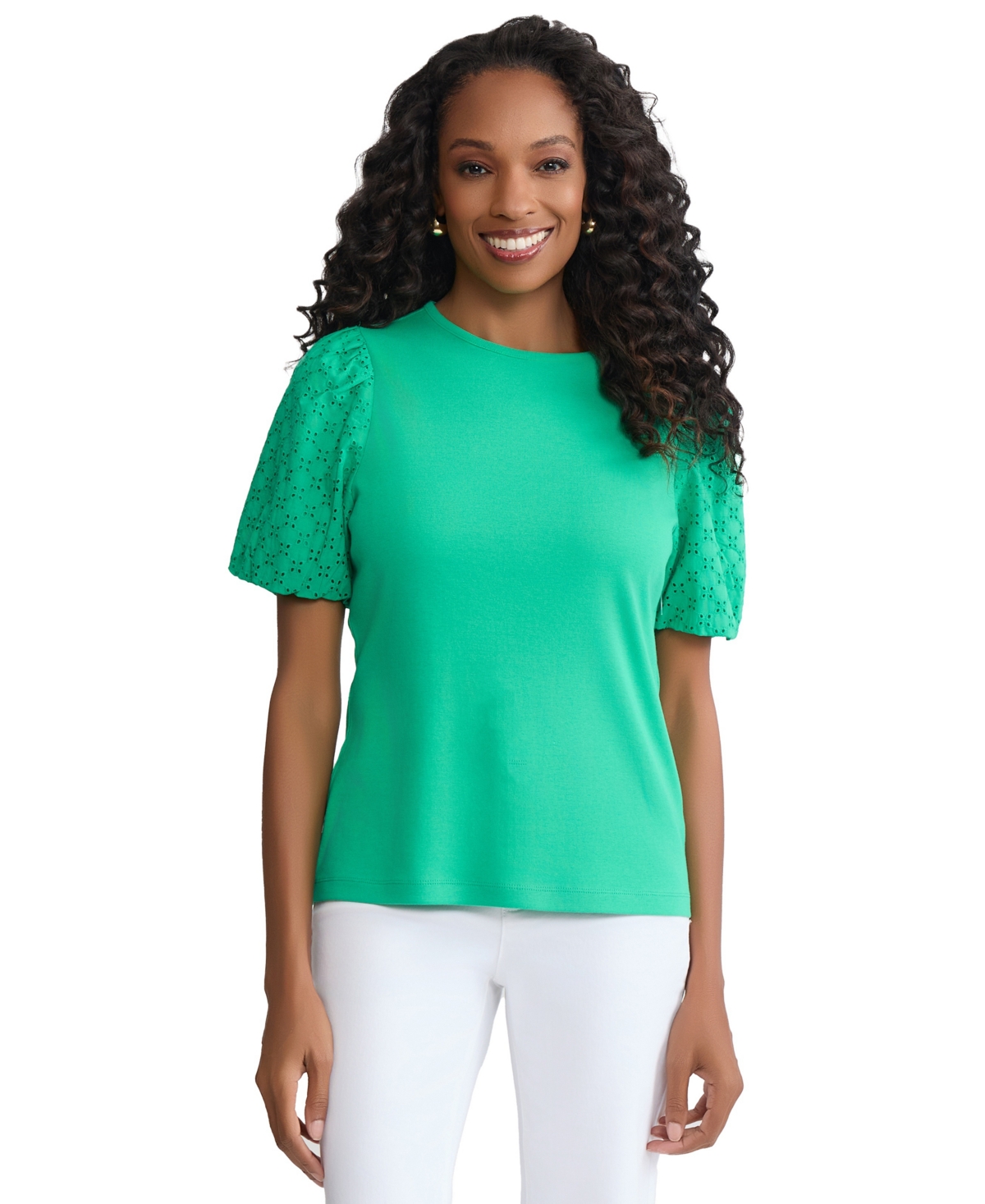 Click here for Jones New York Womens Eyelet Puff-Sleeve Crew Neck... prices