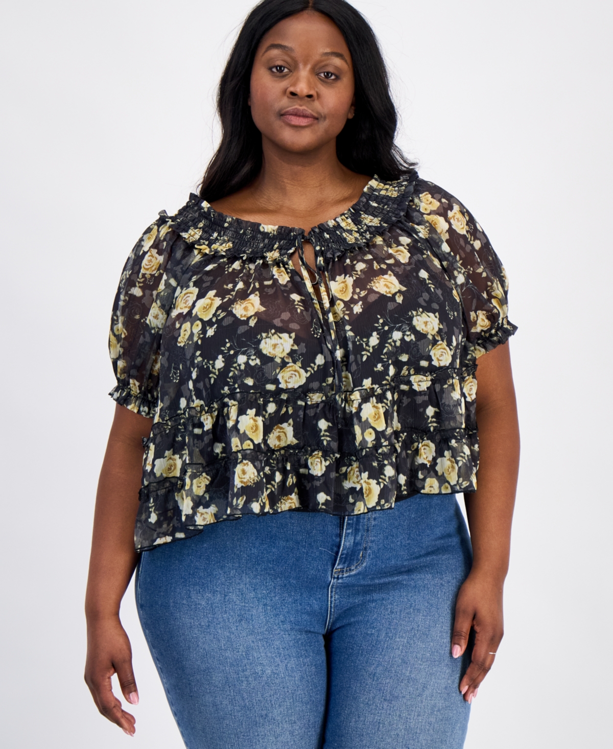 Click here for And Now This Trendy Plus Size Tie-Front Puff-Sleev... prices