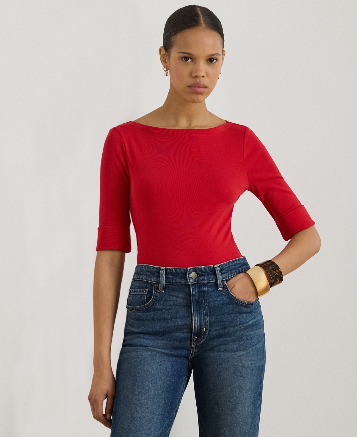Lauren Ralph Lauren Petite Stretch Cotton Boatneck Tee - Cruise Red