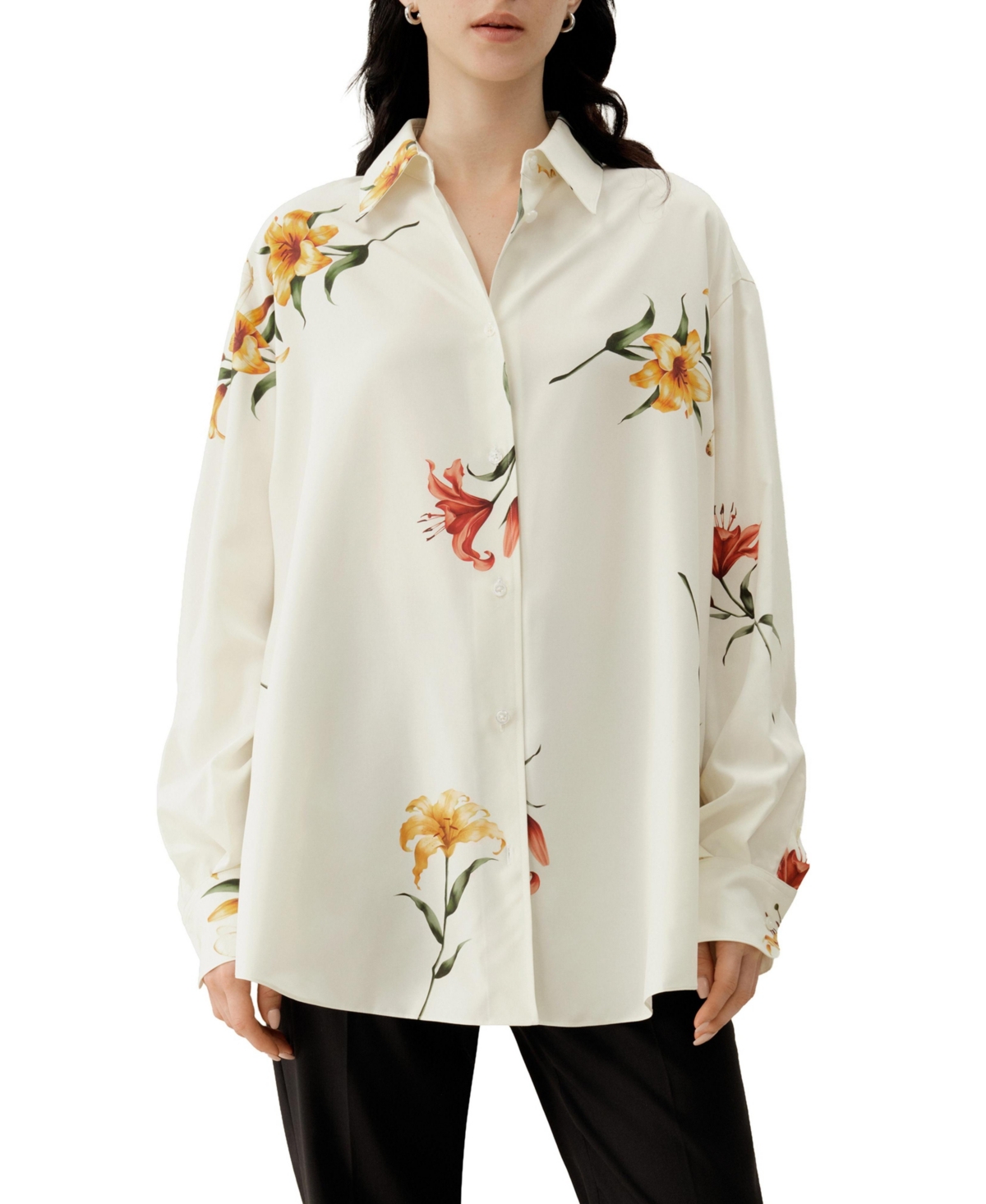 Click here for Lilysilk Womens Print Oversize Top - Lily white prices