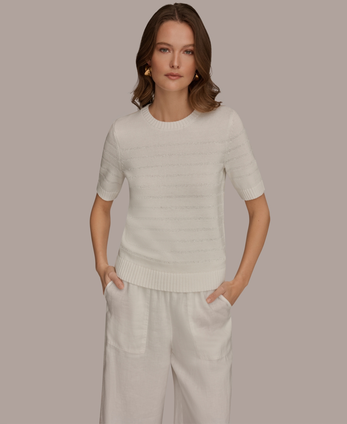 Click here for Donna Karan Weekend Womens Elbow-Sleeve Crew Neck... prices