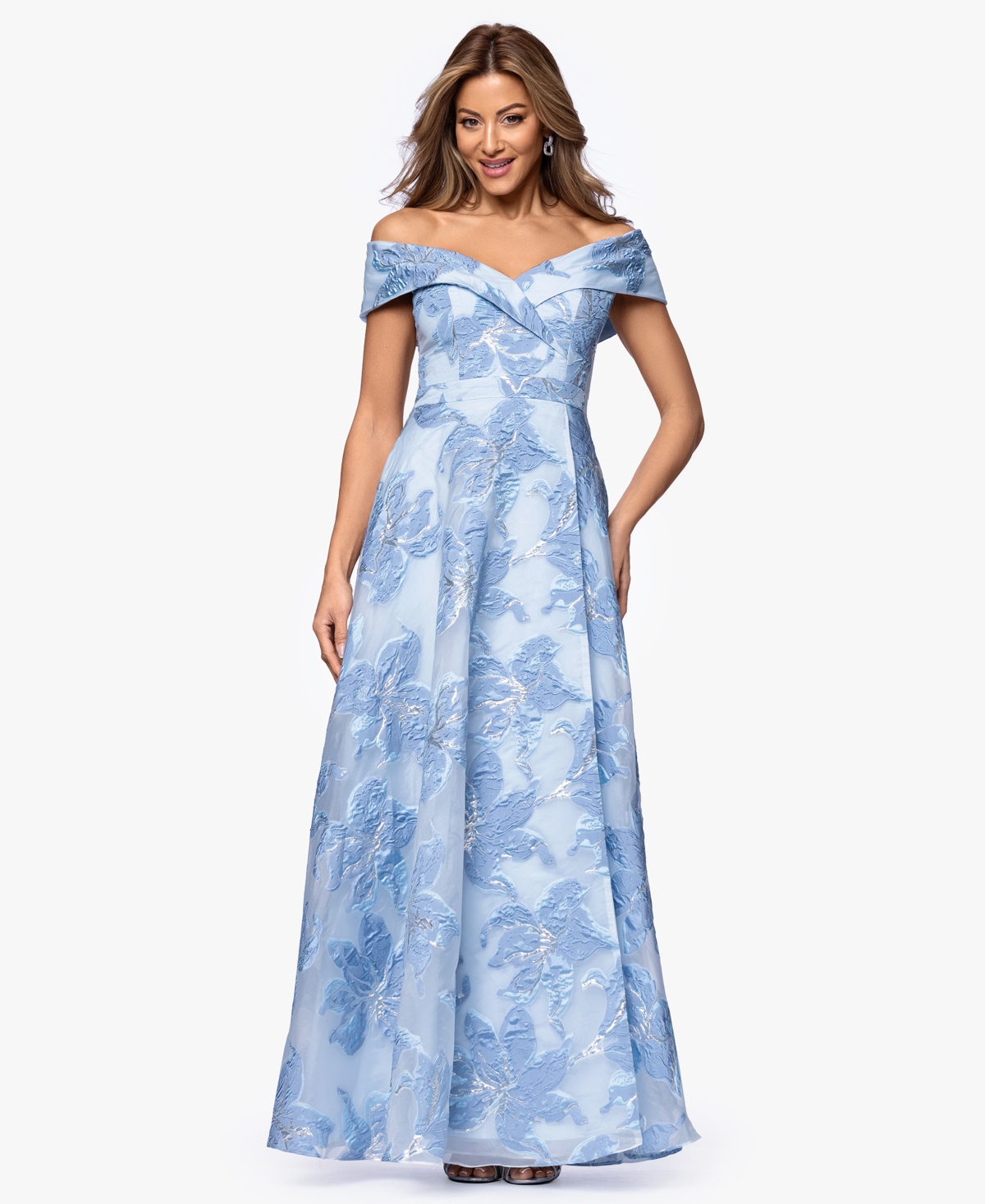 Click here for Xscape Womens Long Jacquard Printed Off-The-Should... prices