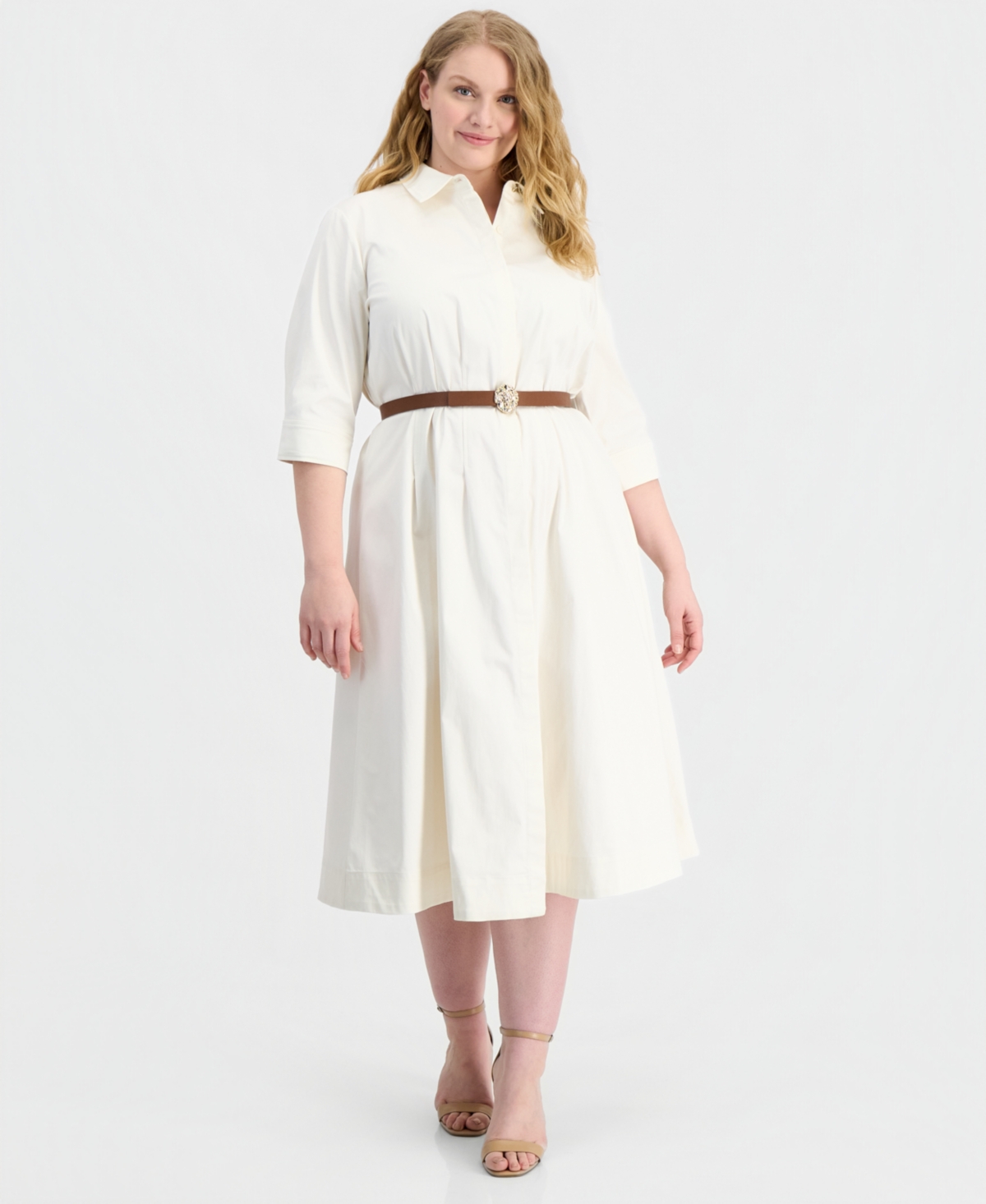 Click here for Anne Klein Plus Size 3/4-Sleeve Belted Shirt Dress... prices