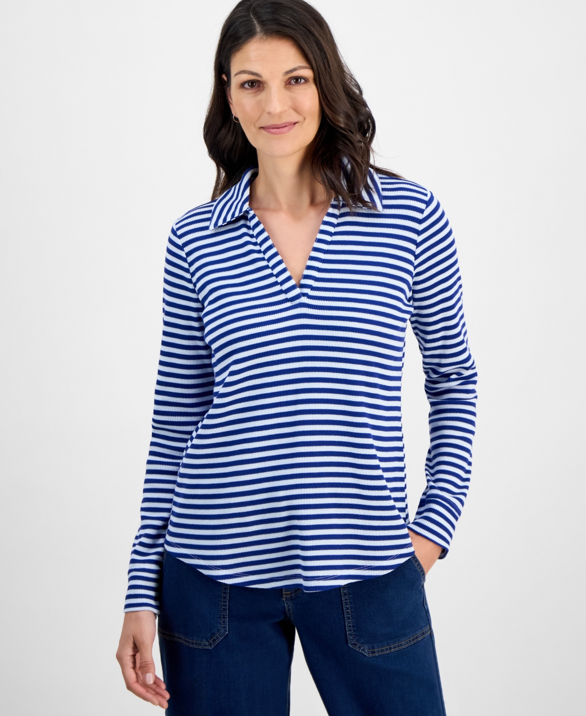 Click here for Style & Co Womens Striped Waffle-Knit Collared Top... prices