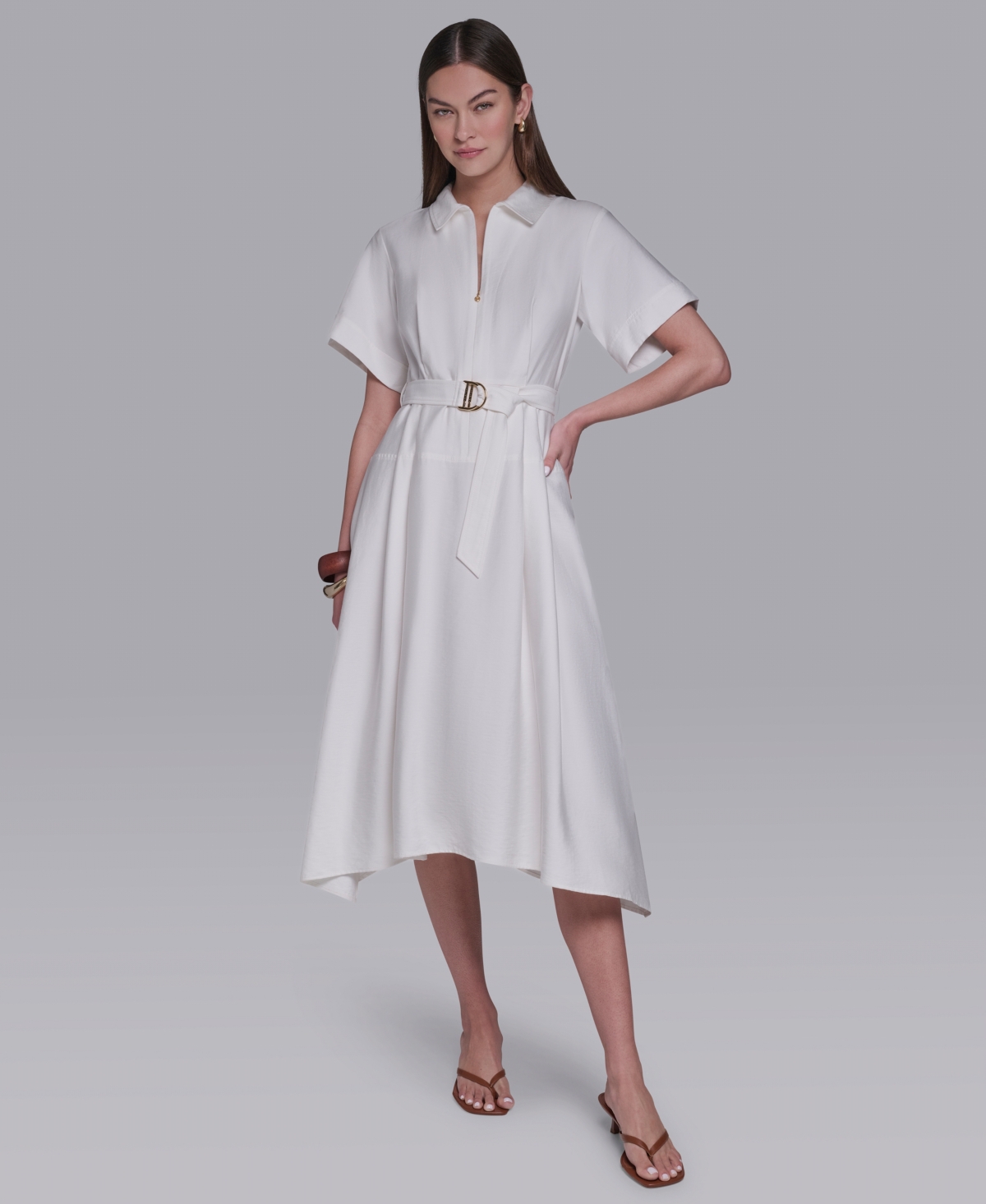 Click here for Halston Womens Zip-Up Midi Shirt Dress - White prices