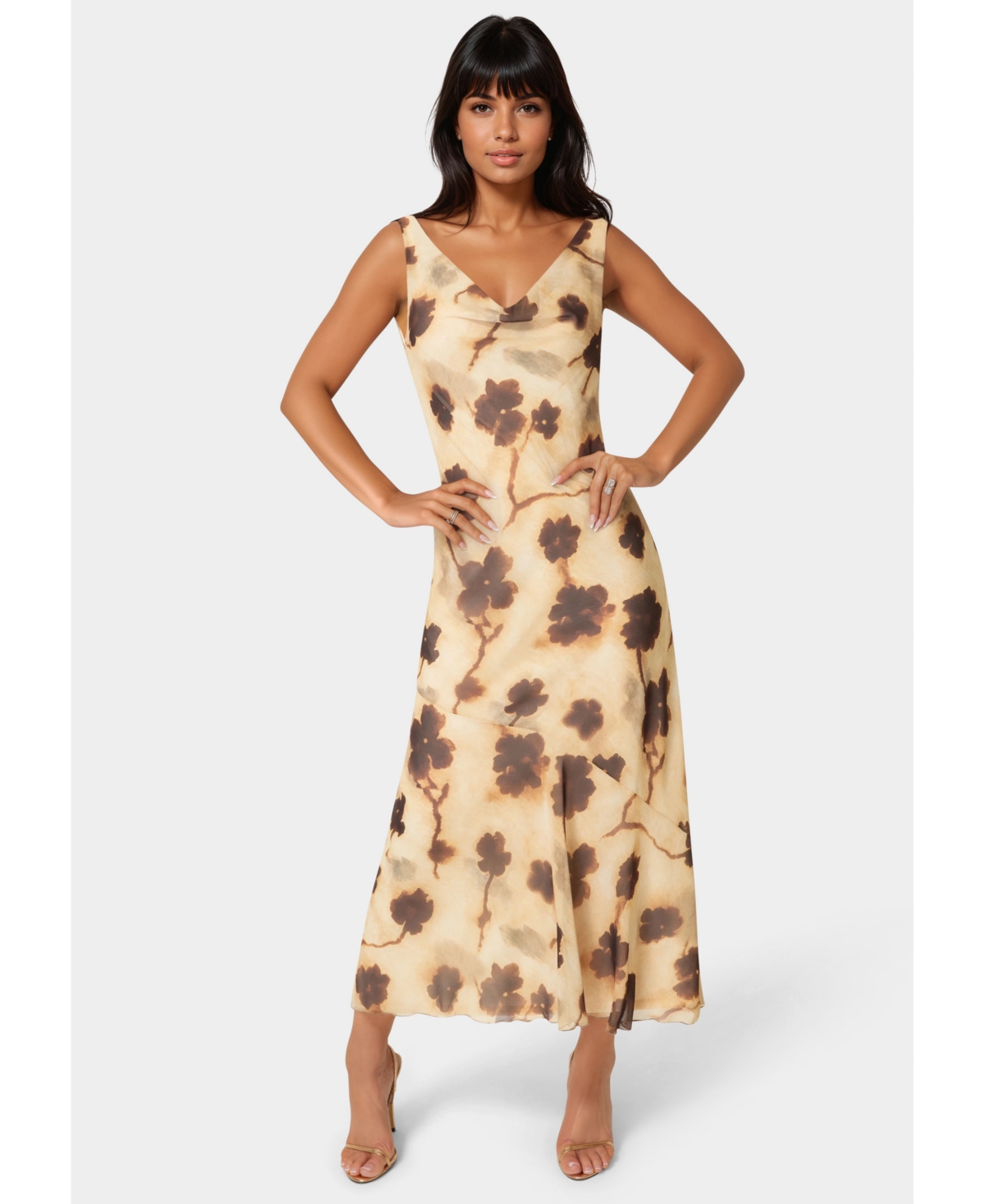 Click here for Bebe Womens Printed Chiffon Cowl Maxi Dress - Brow... prices