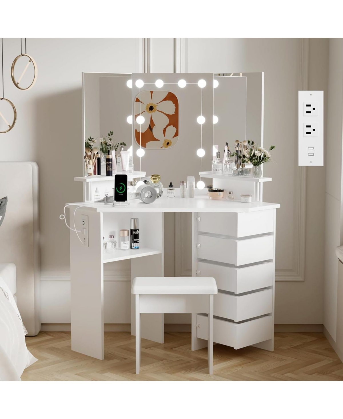 Click here for gaomon Corner Makeup Vanity Desk with Lights and P... prices