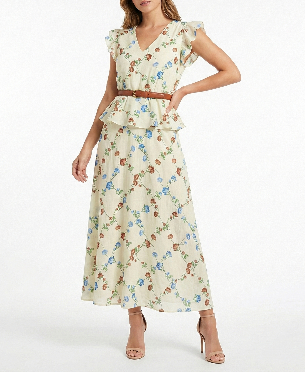 Click here for Taylor Womens Belted V-Neck Peplum Dress - Eggshel... prices