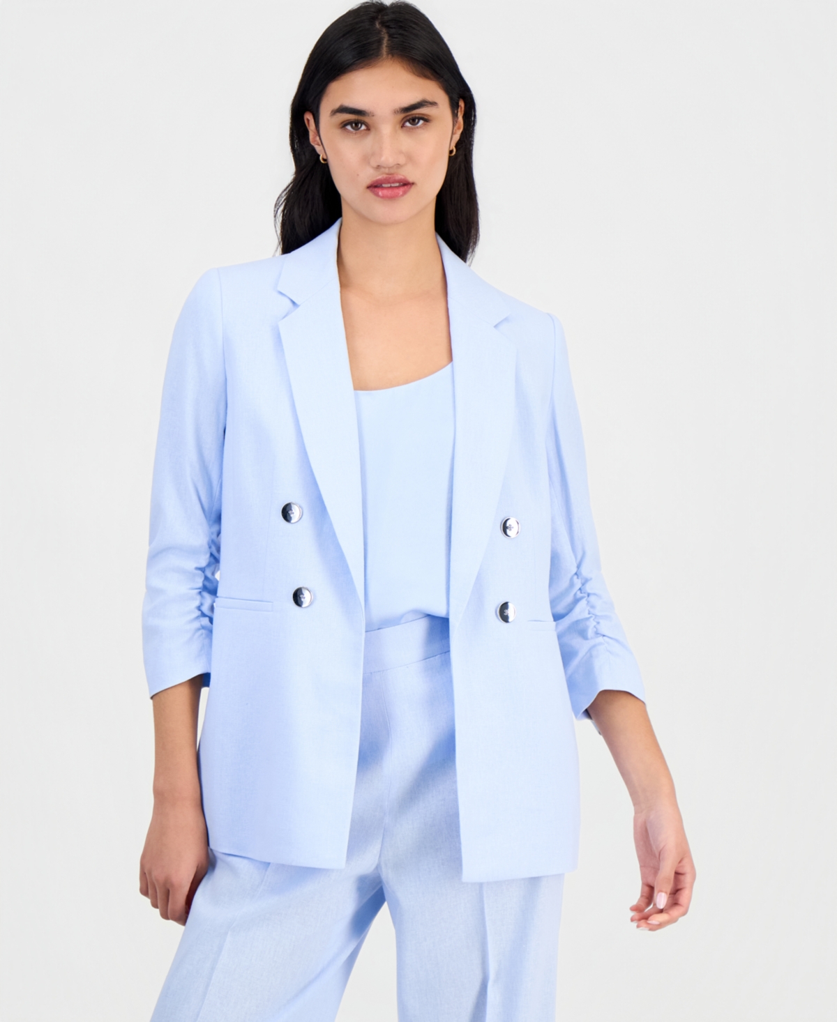 Click here for Bar Iii Womens Ruched-Sleeve Open-Front Linen Blaz... prices