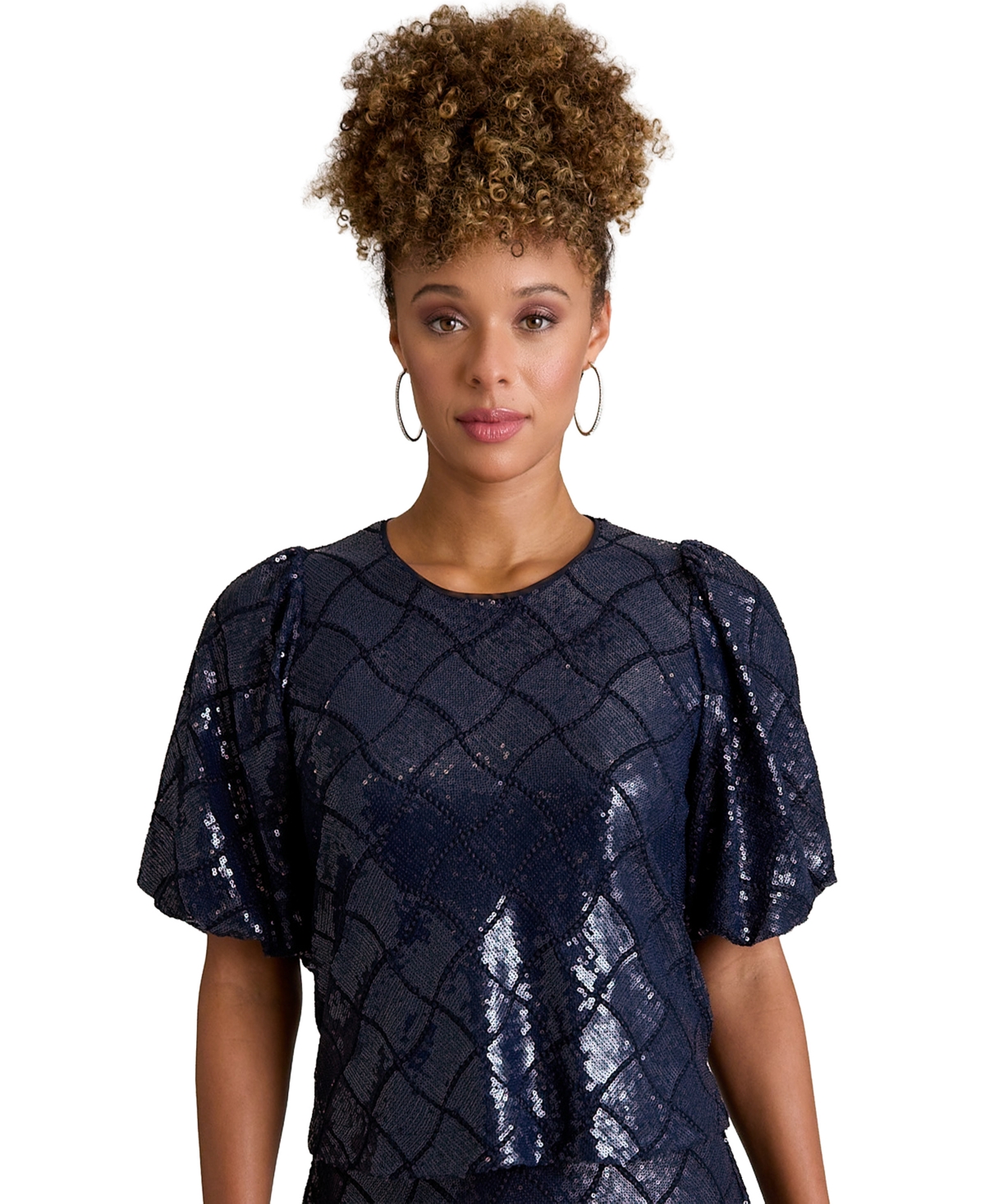 Click here for Muse Womens Jewel Neck Bubble Sleeve Top - Navy prices