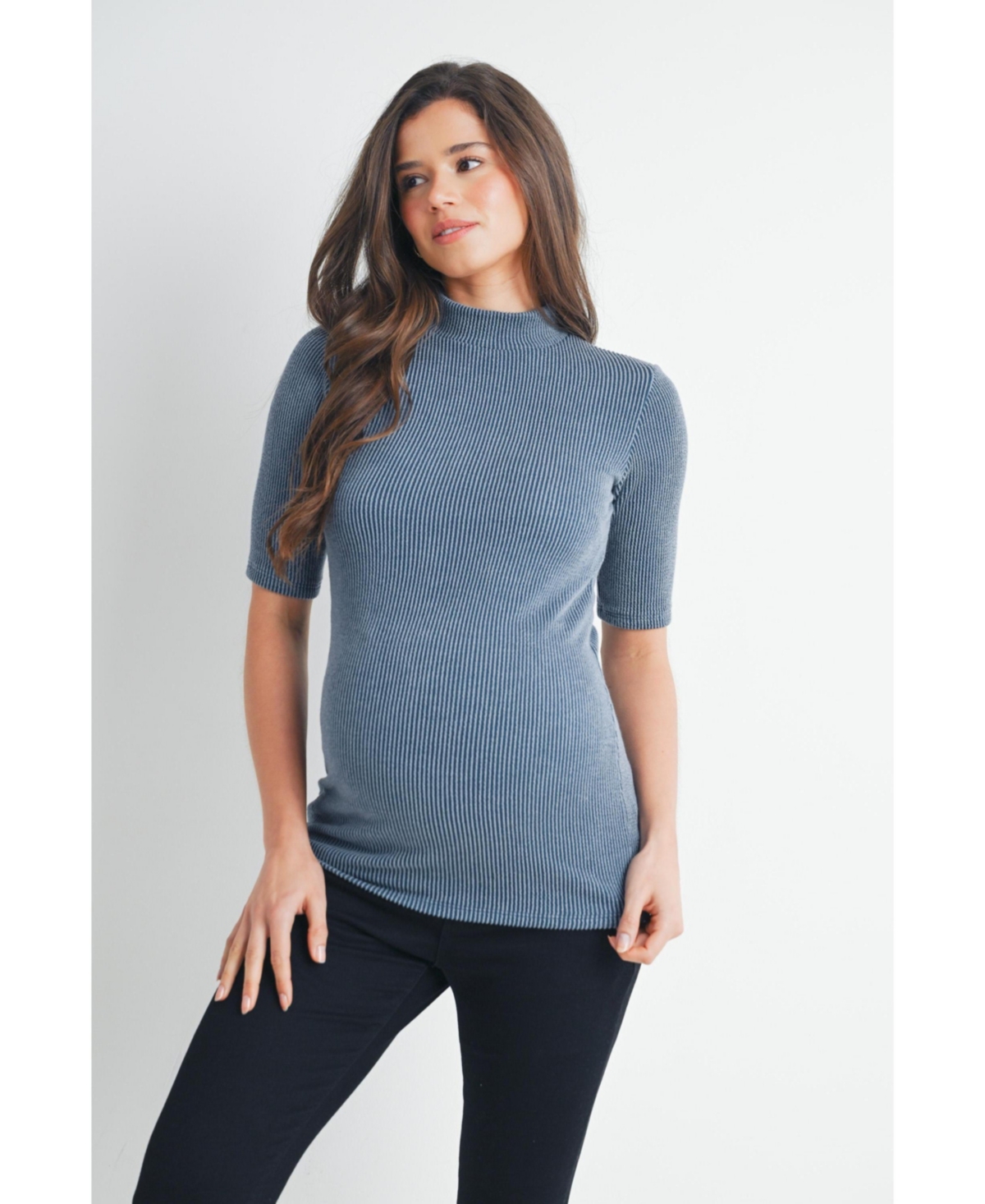 Click here for Hello Miz Maternity Ribbed Mock Neck Top - Denim prices