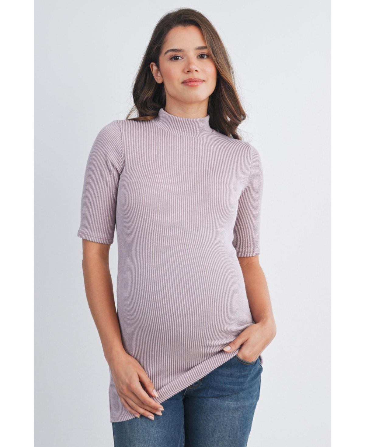 Click here for Hello Miz Maternity Ribbed Mock Neck Top - Mauve prices