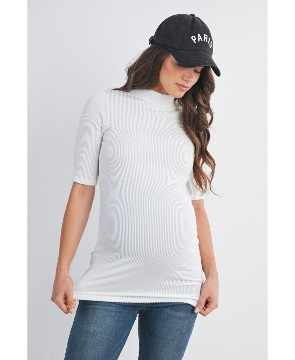Click here for Hello Miz Maternity Ribbed Mock Neck Top - White prices