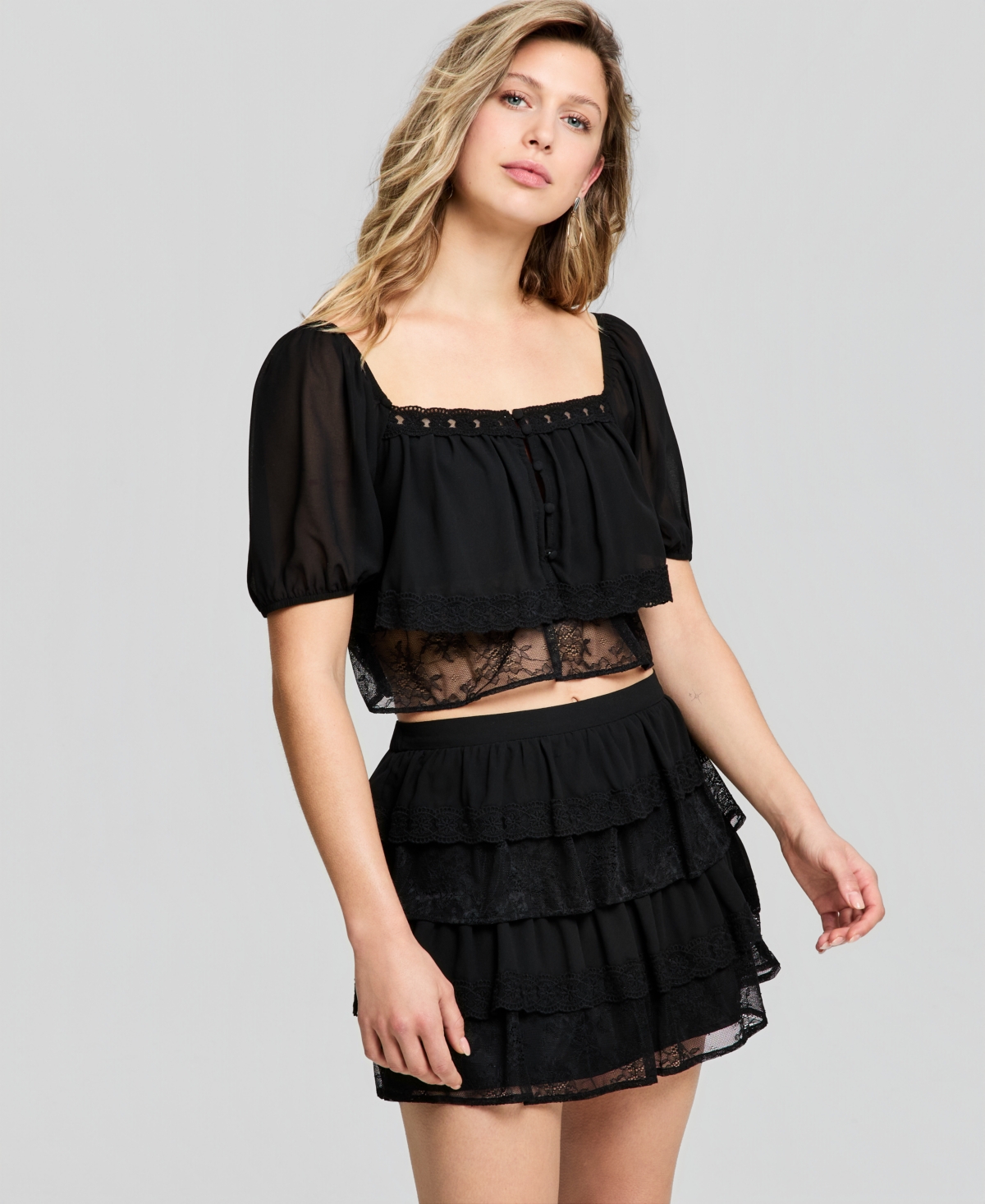 Click here for And Now This Womens Chiffon Lace Short-Sleeve Top... prices