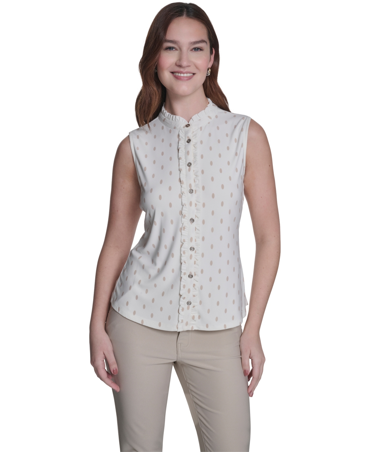 Click here for Tommy Hilfiger Womens Ruffle Placket Dot Top - Ivo... prices