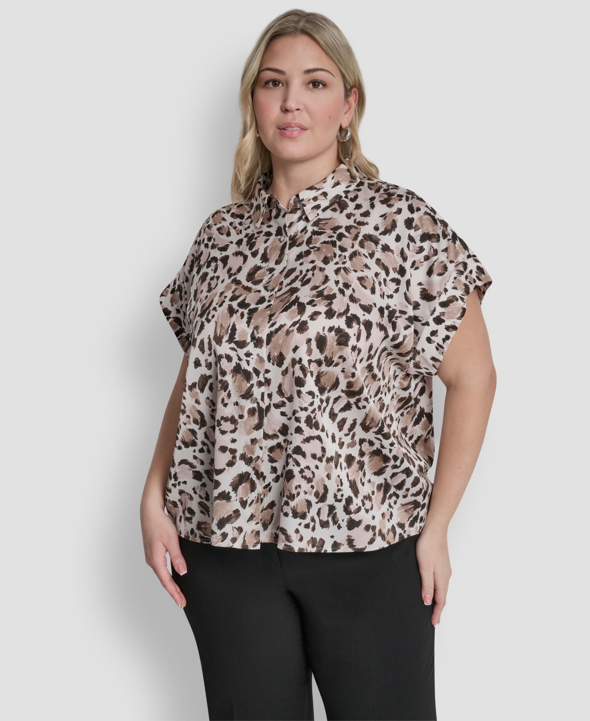 Click here for Dkny Plus Size Printed Camp Shirt - Ivory/Traverti... prices