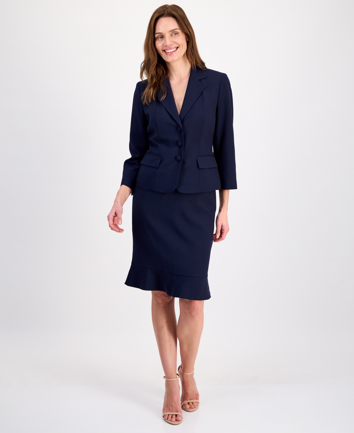Click here for Le Suit Womens Three-Button Seamed Flounce-Hem Ski... prices