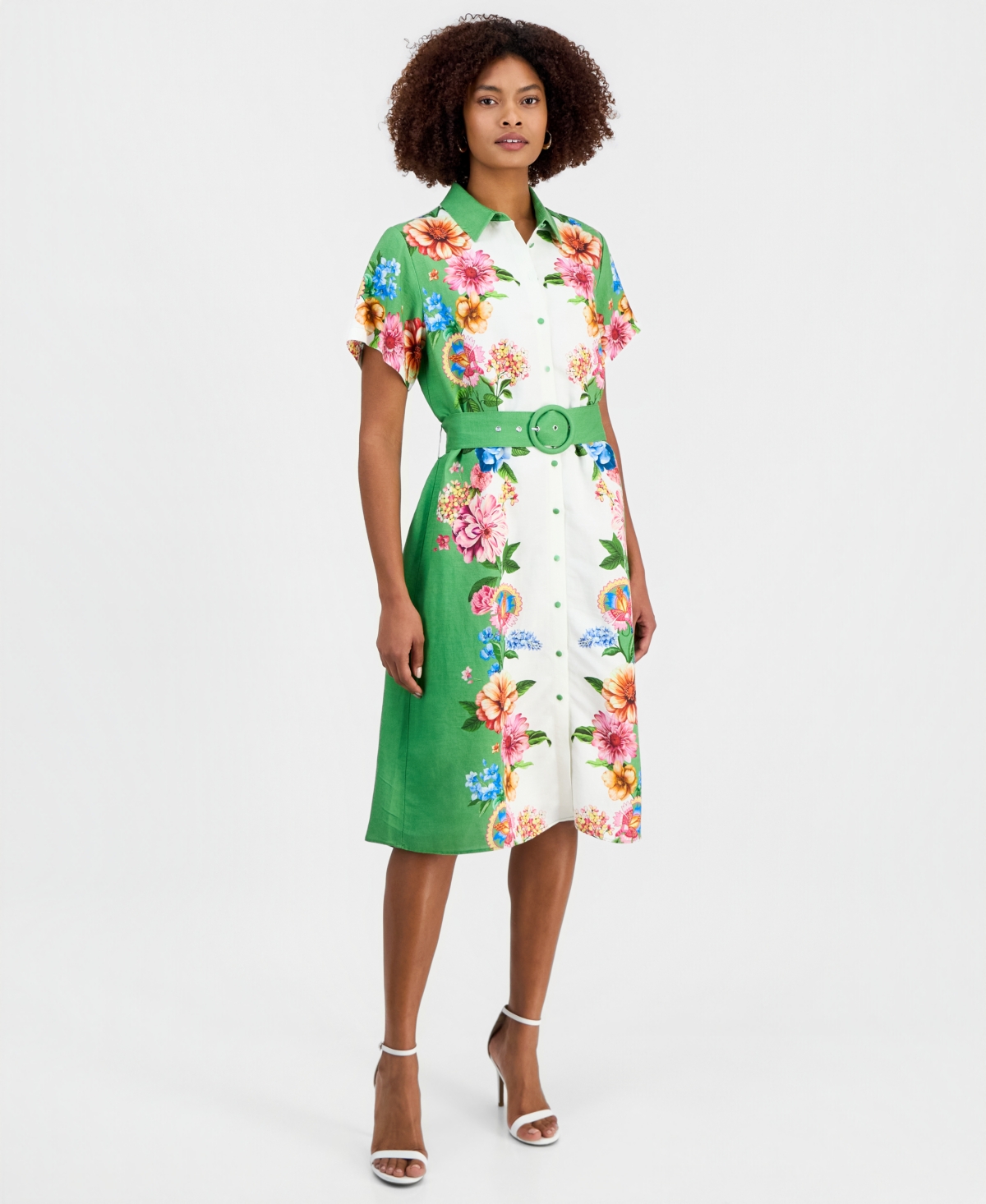 Click here for T Tahari Womens Printed Belted Button-Front Midi D... prices