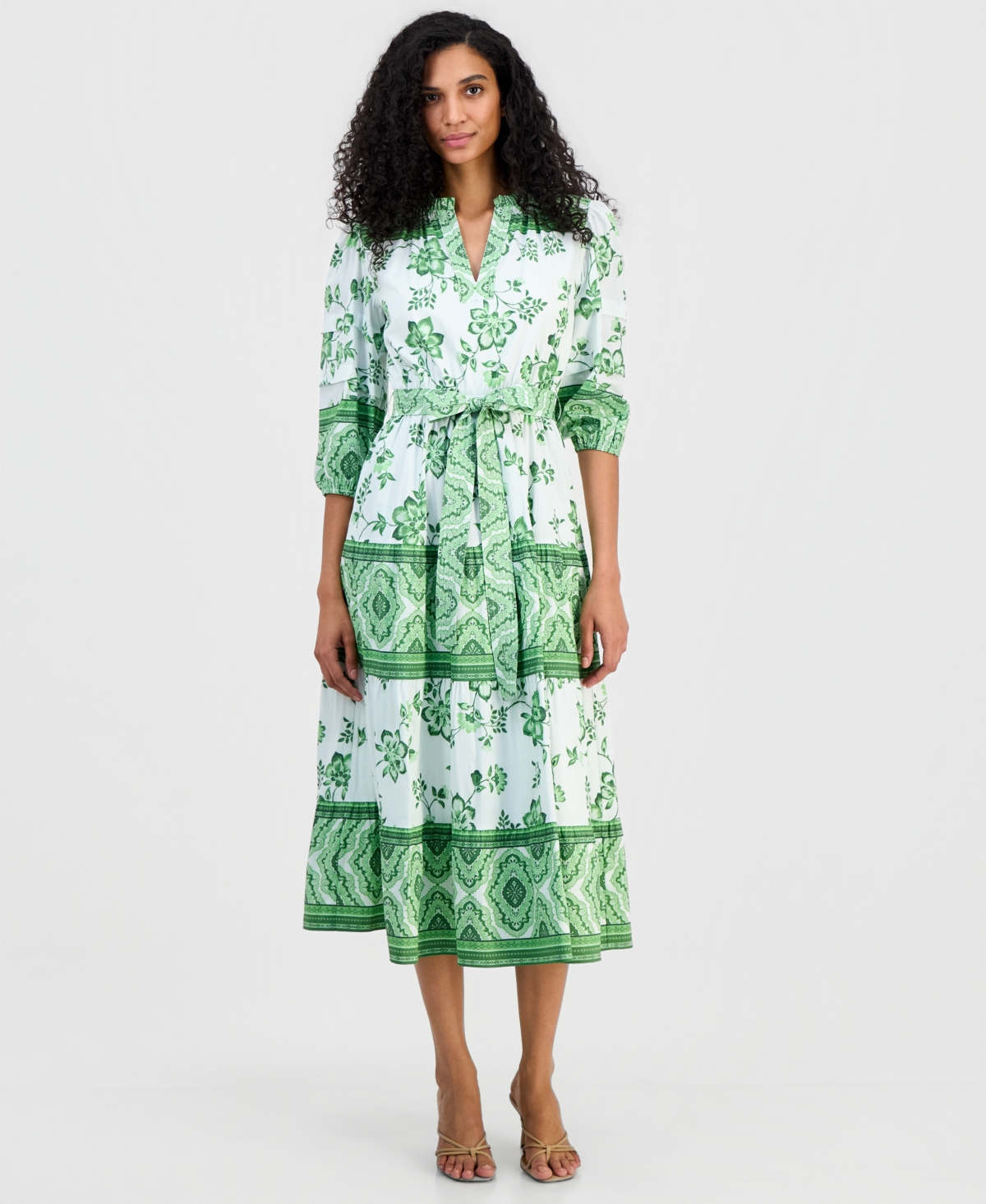 Click here for T Tahari Womens Split-Neck Tiered Dress - Green Bl... prices