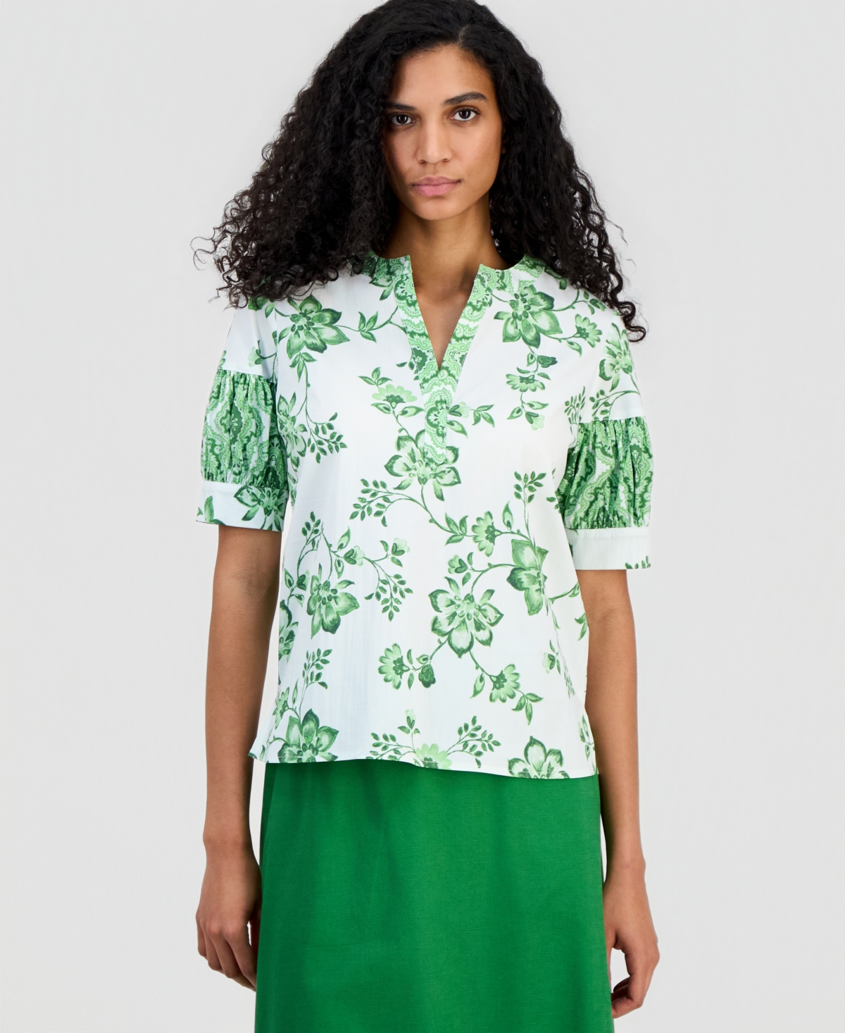 Click here for T Tahari Womens Split-Neck Puffed-Sleeve Top - Gre... prices