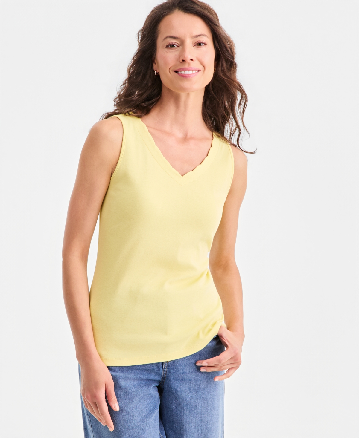 Click here for Style & Co Womens Cotton Scalloped V-Neck Sleevele... prices