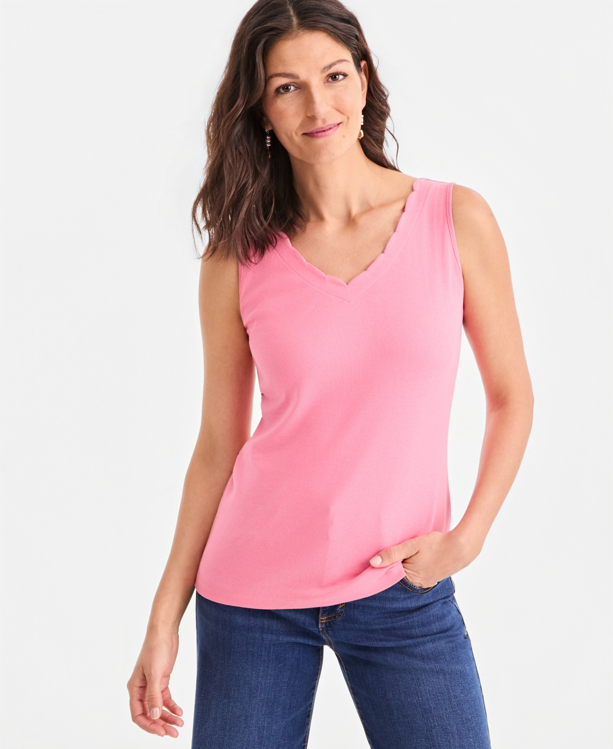 Click here for Style & Co Womens Cotton Scalloped V-Neck Sleevele... prices