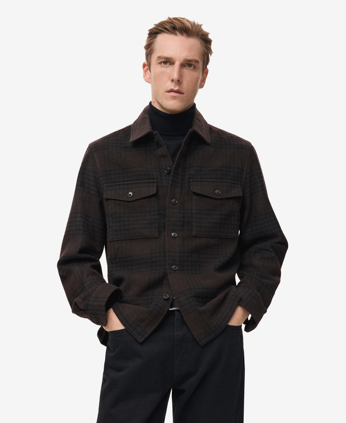 Click here for Mango Mens Check Wool-Blend Overshirt - Brown prices