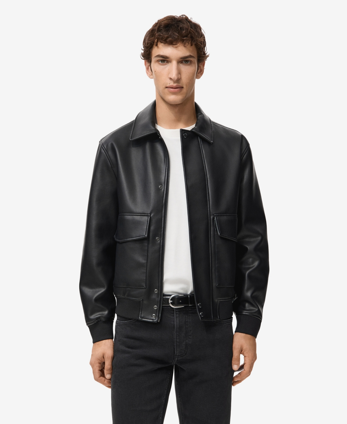 Click here for Mango Mens Pockets Faux-Leather Jacket - Black prices
