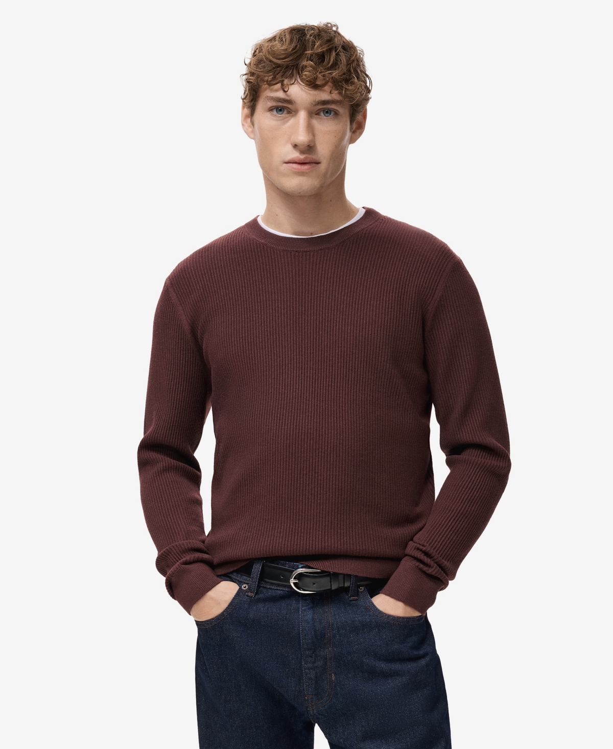 Click here for Mango Mens Fine Rib-Knit Cotton Sweater - Burgundy prices