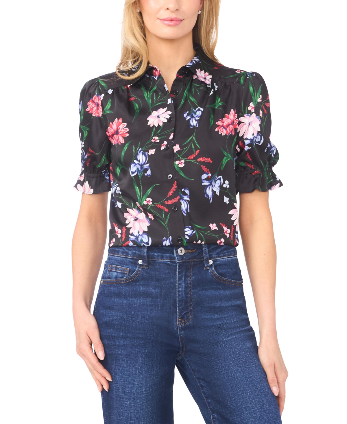 Click here for CeCe Womens Puff Sleeve Button Down Collared Top -... prices