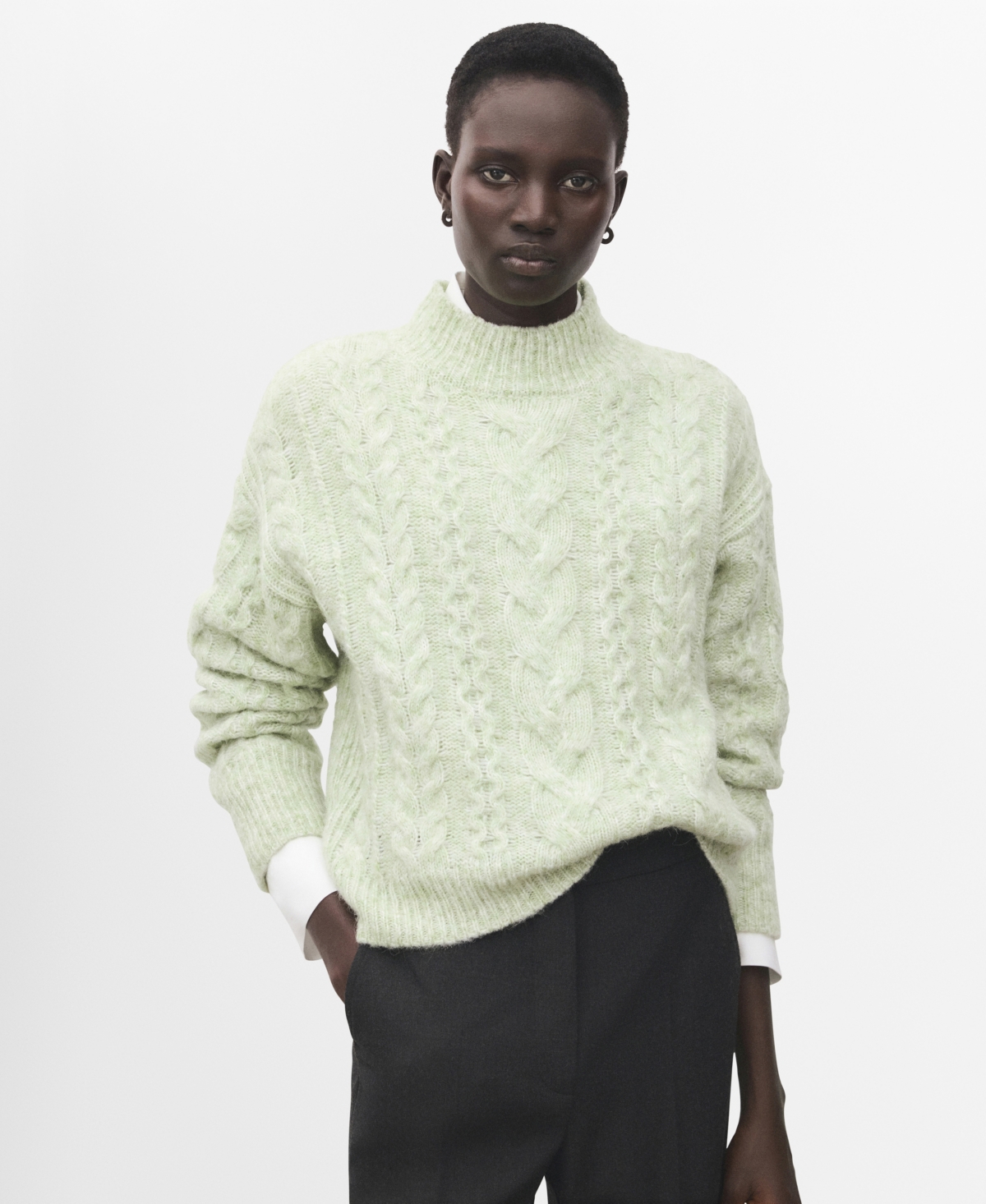 Click here for Mango Womens Perkins Neck Braided Sweater - Aqua G... prices