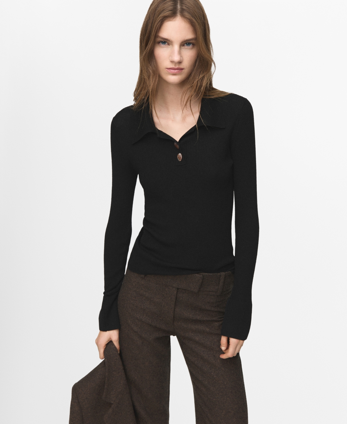 Click here for Mango Womens Polo-Neck Ribbed Sweater - Black prices