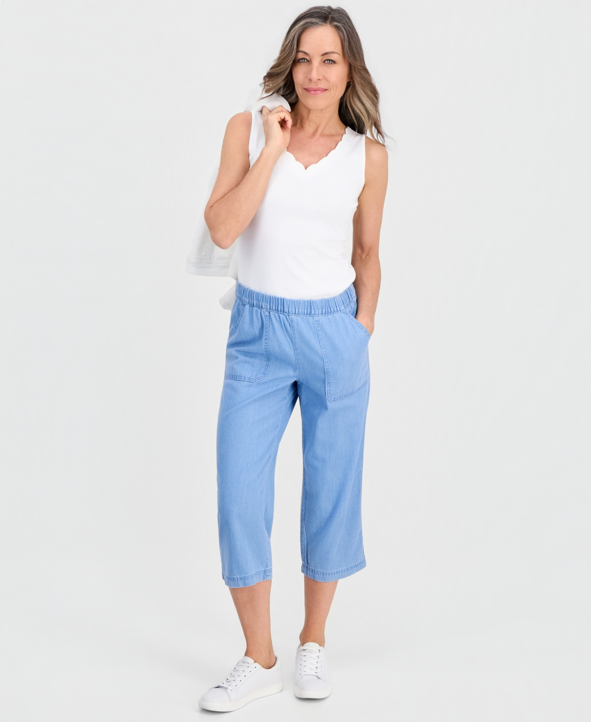 Click here for Style & Co Petite Anna Pull-On Chambray Capri Pant... prices
