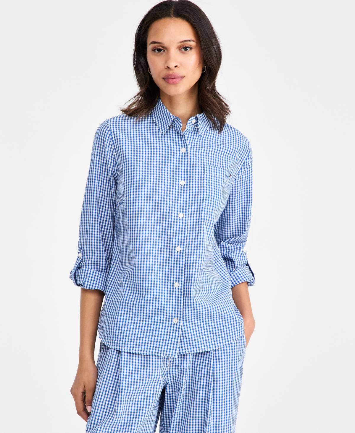 Click here for Tommy Hilfiger Womens Gingham Print Roll-Tab Shirt... prices