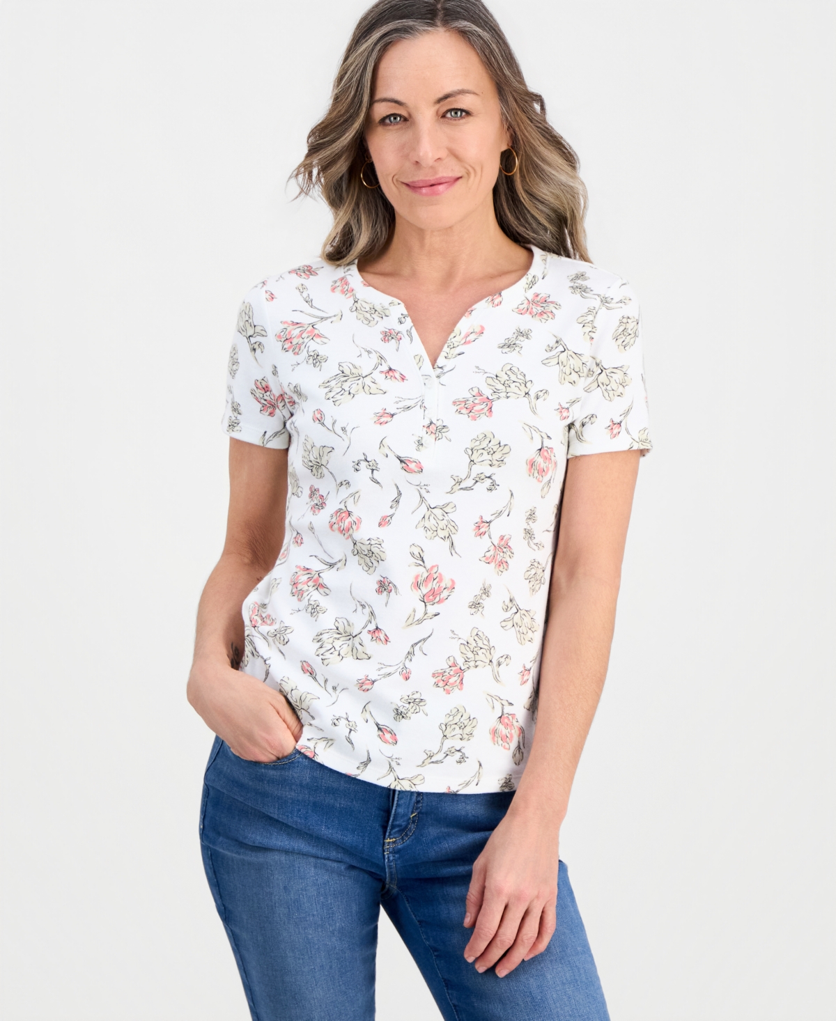 Click here for Style & Co Petite Poetic Bloom Henley Short-Sleeve... prices