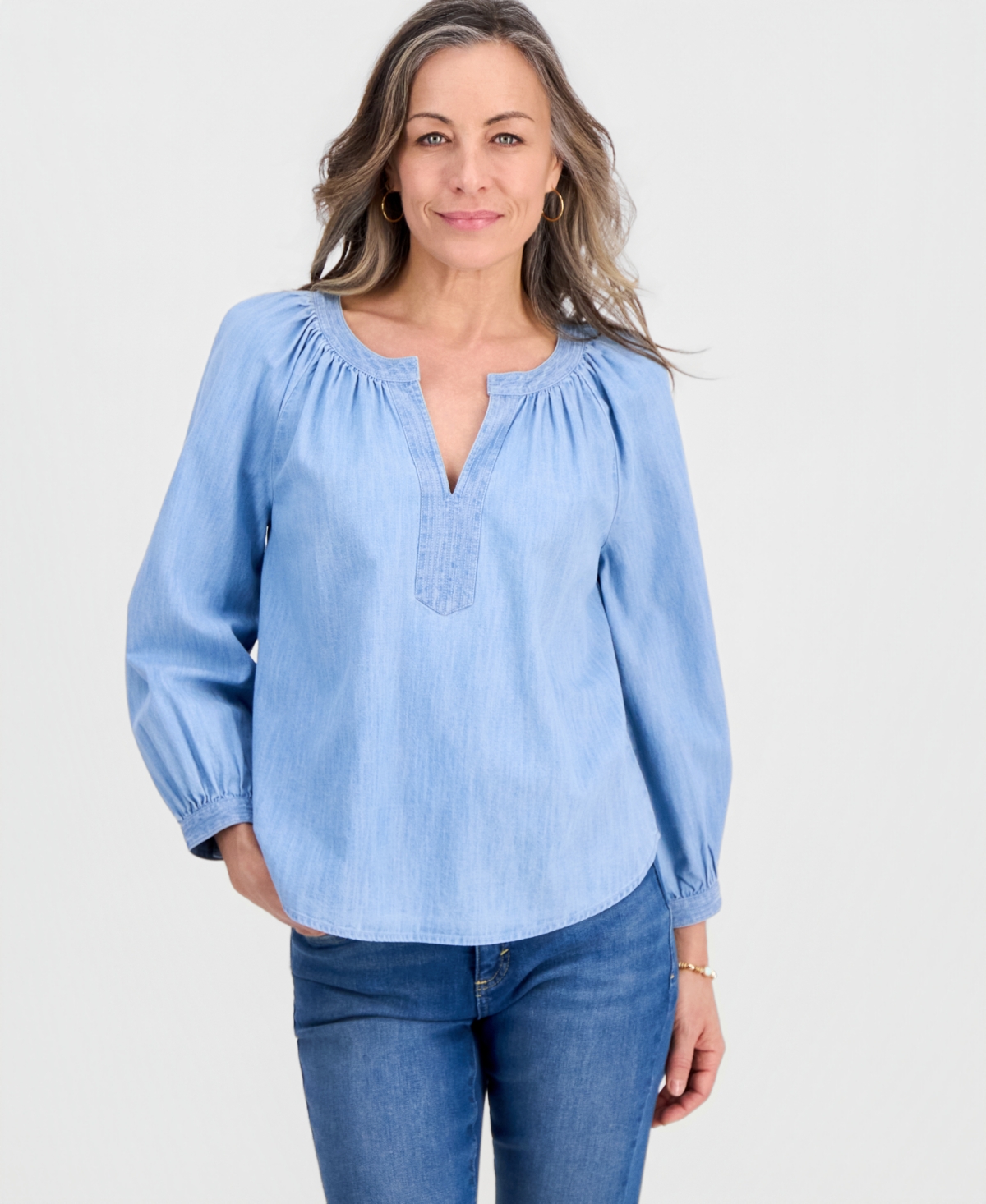 Click here for Style & Co Petite Denim Trapunto-Stitch Blouse  Ma... prices