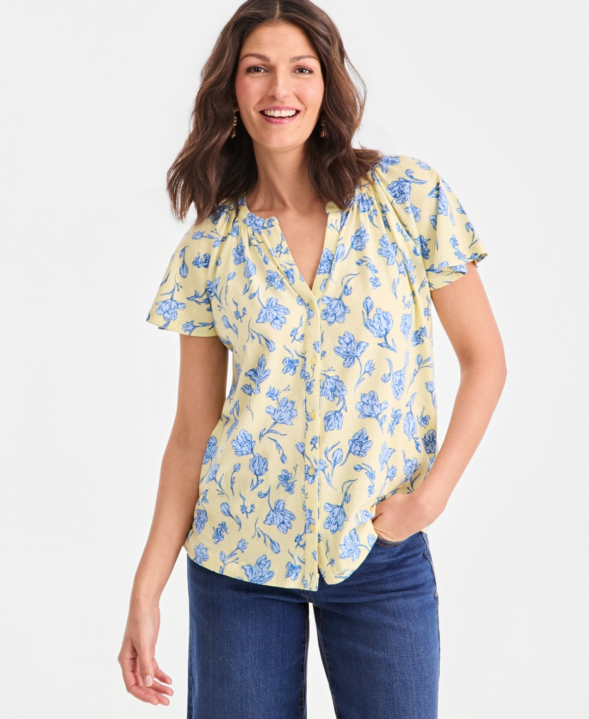 Click here for Style & Co Womens Printed Flutter-Sleeve Button-Fr... prices